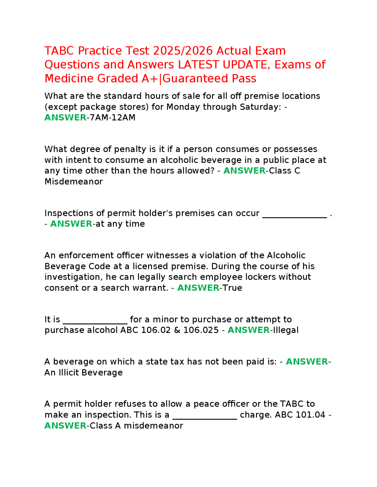 TABC Practice Test 2025/2026 Actual Exam Questions and Answers LATEST ...