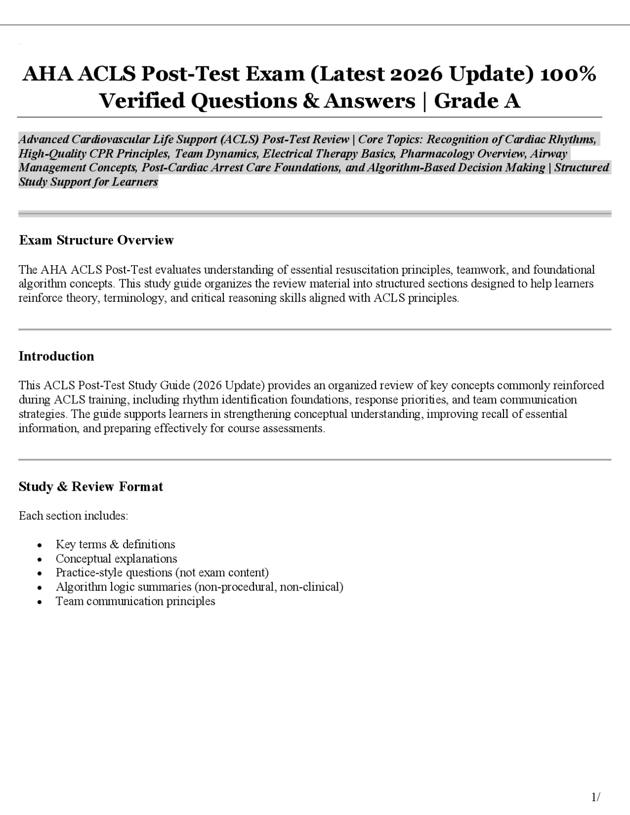 AHA ACLS Post-Test Exam (Latest 2026 Update) 100% Verified Questions ...