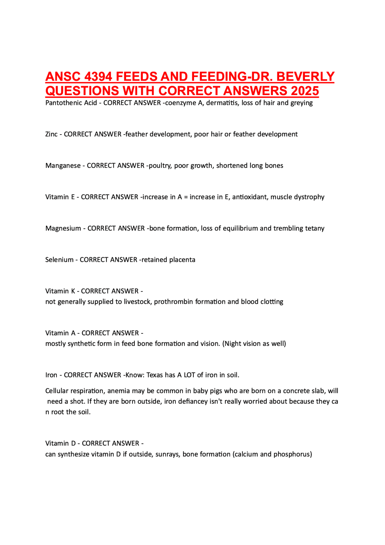 ANSC 4394 Feeds and Feeding – Dr. Beverly Questions with Correct ...