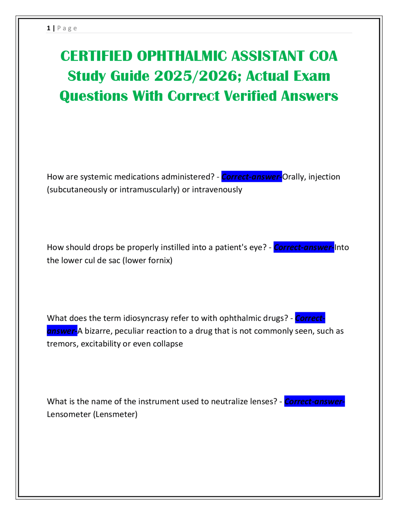 CERTIFIED OPHTHALMIC ASSISTANT COA Study Guide 2025/2026 Exam Questions ...