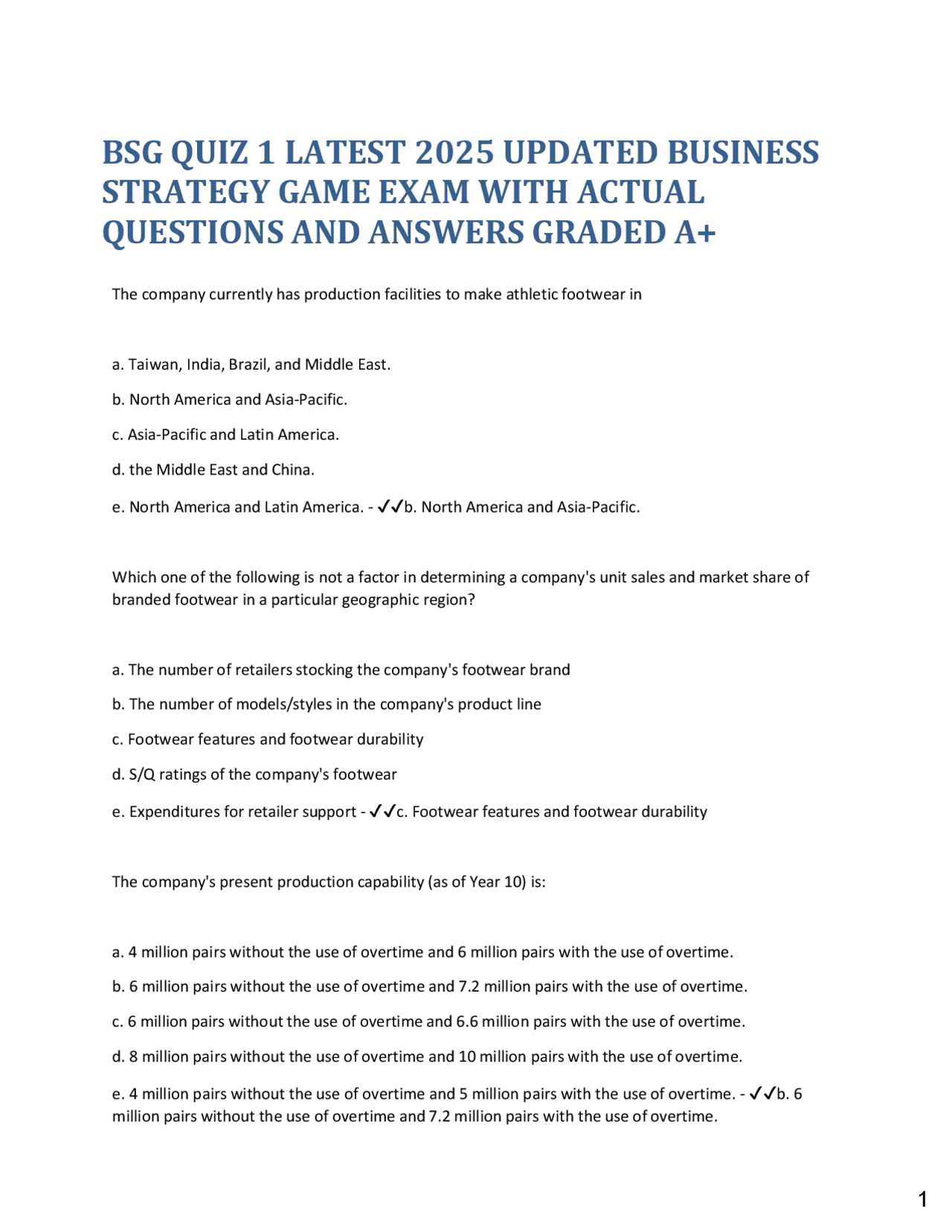 BSG QUIZ 1 LATEST 2025 UPDATED BUSINESS STRATEGY GAME EXAM WITH ACTUAL ...