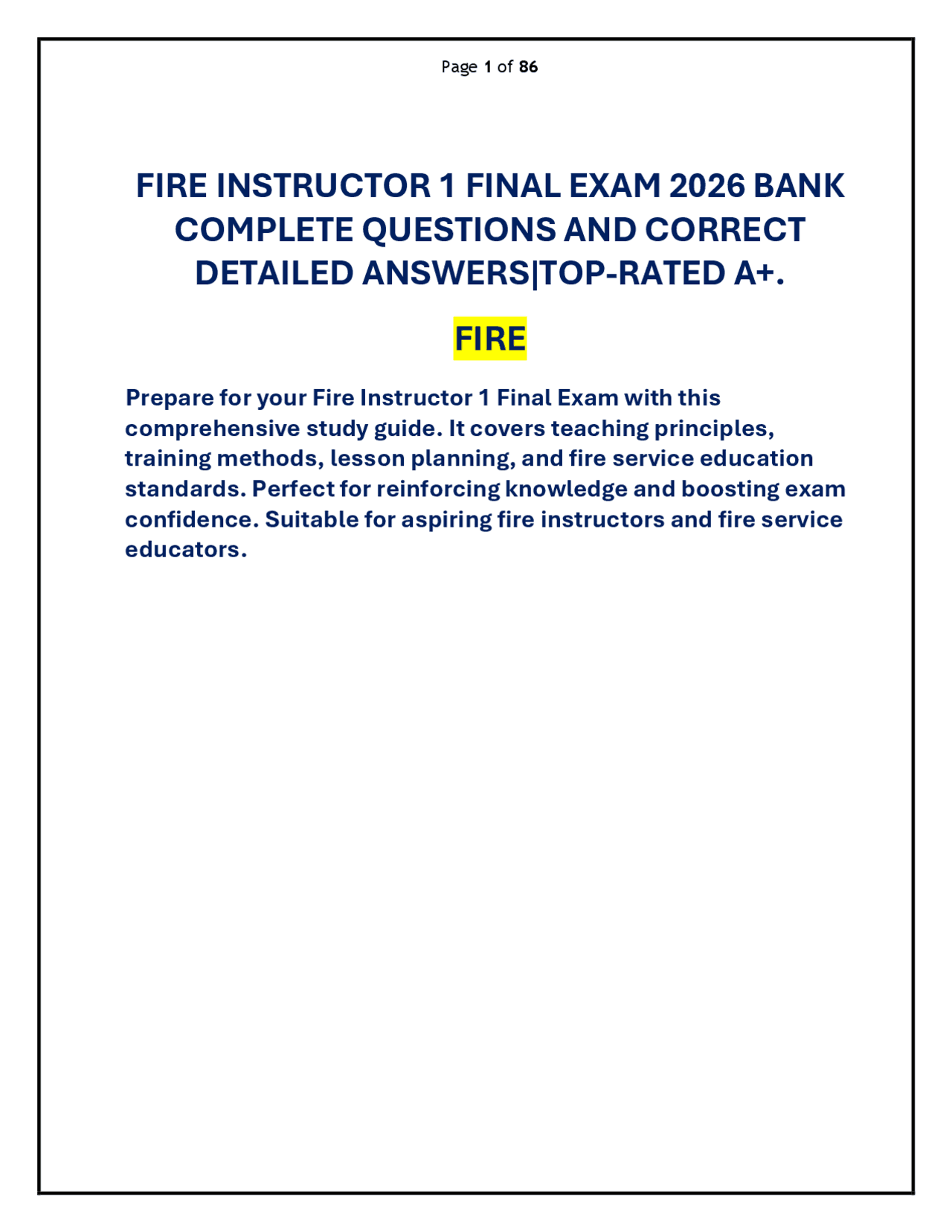 FIRE INSTRUCTOR 1 FINAL EXAM 2026 QUESTION AND ANSWER | Exams Safety ...
