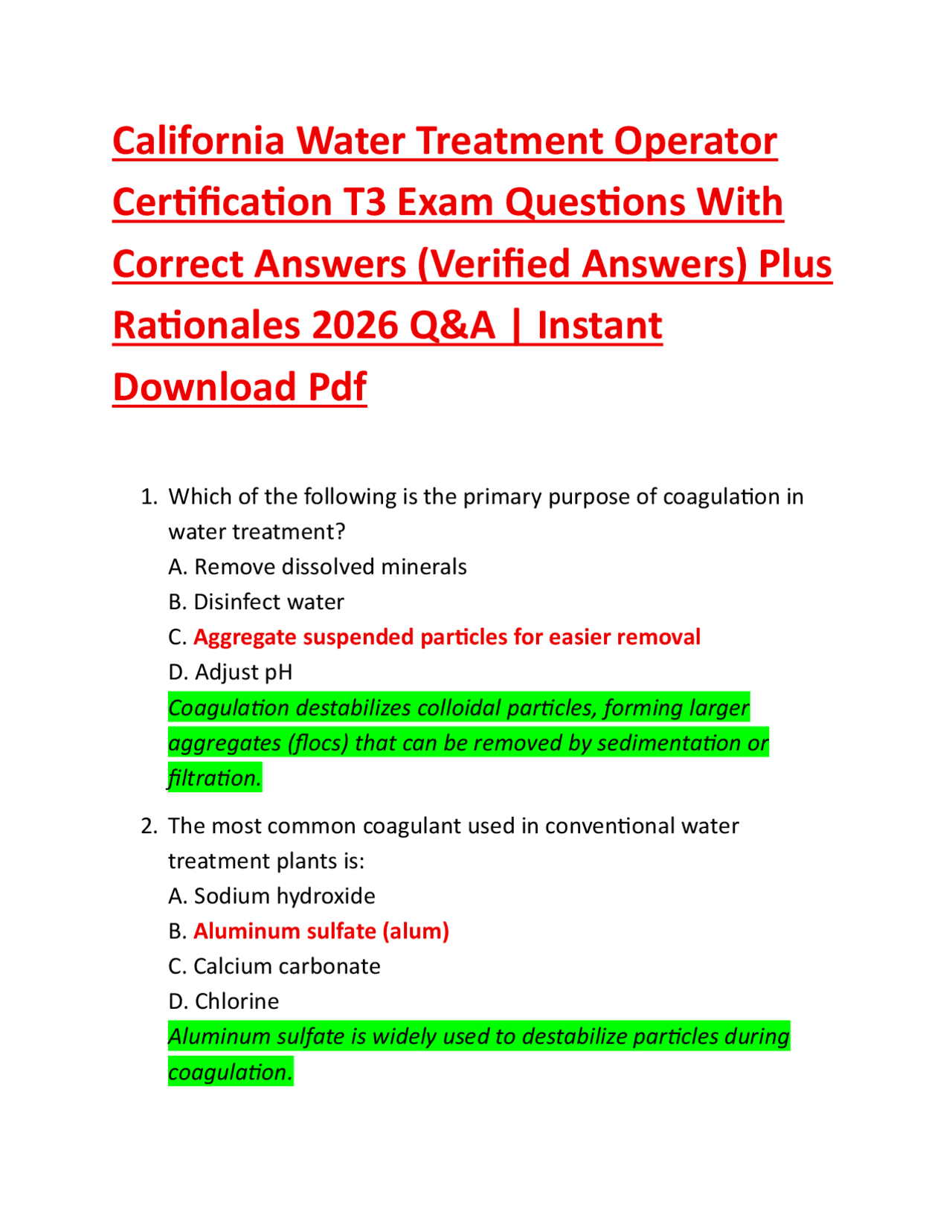 California Water Treatment Operator Certification T3 Exam Questions ...
