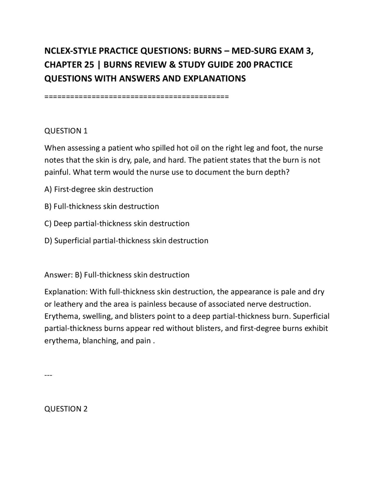 NCLEX-STYLE PRACTICE QUESTIONS: BURNS – MED-SURG EXAM 3, CHAPTER 25 ...