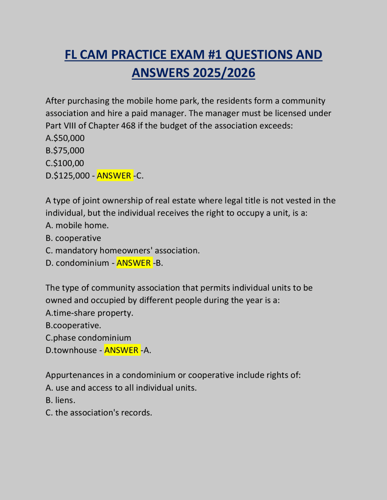 FL CAM PRACTICE EXAM #1 QUESTIONS AND ANSWERS 2025/2026 | Exams Nursing ...