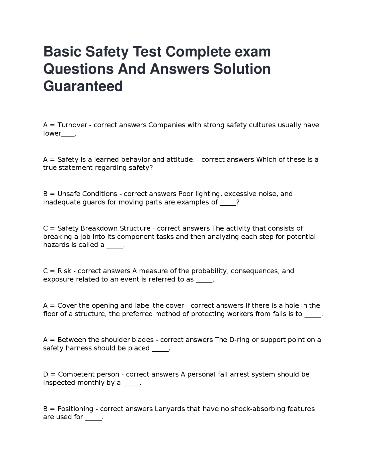 Basic Safety Test Complete exam Questions And Answe | Exams Nursing ...