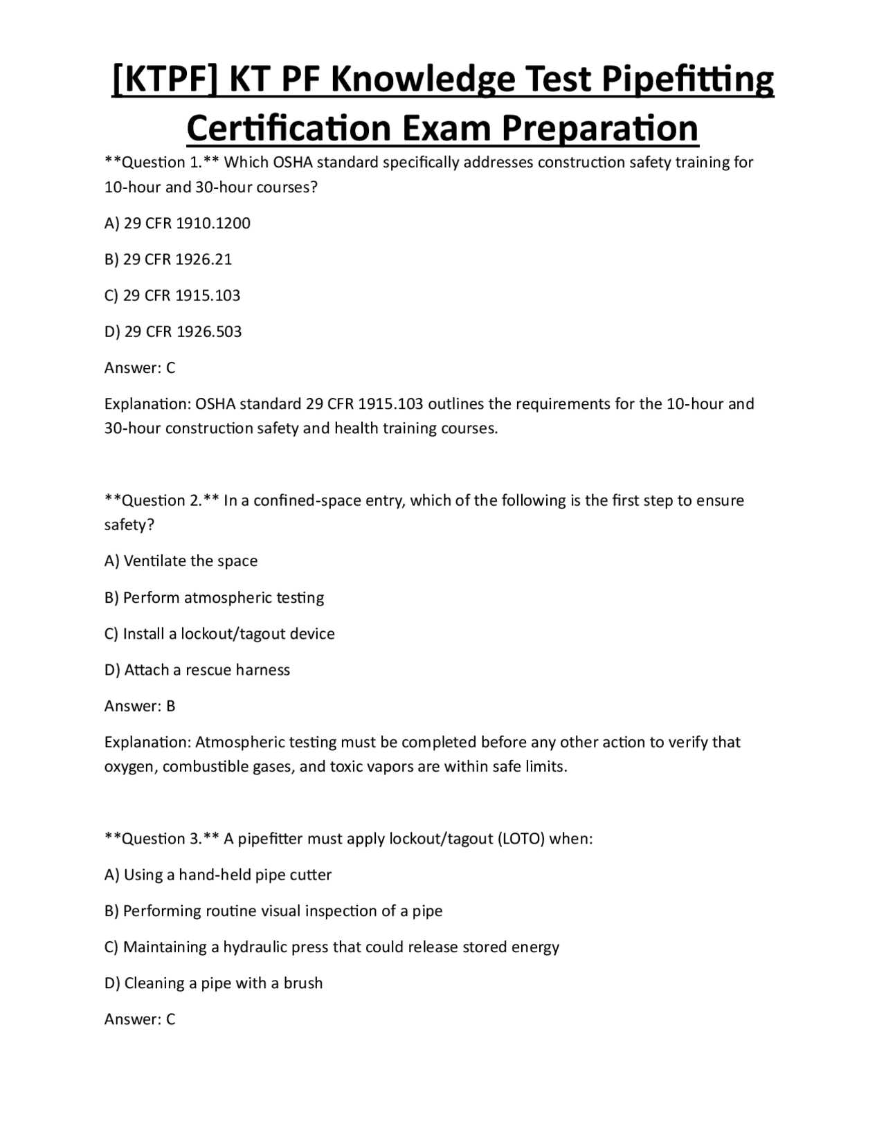 [KTPF] KT PF Knowledge Test Pipefitting Certification Exam Preparation ...