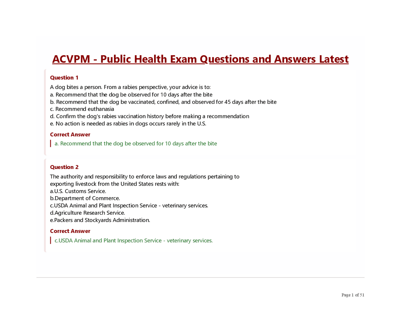 ACVPM - Public Health Exam Questions and Answers | Exams Nursing | Docsity
