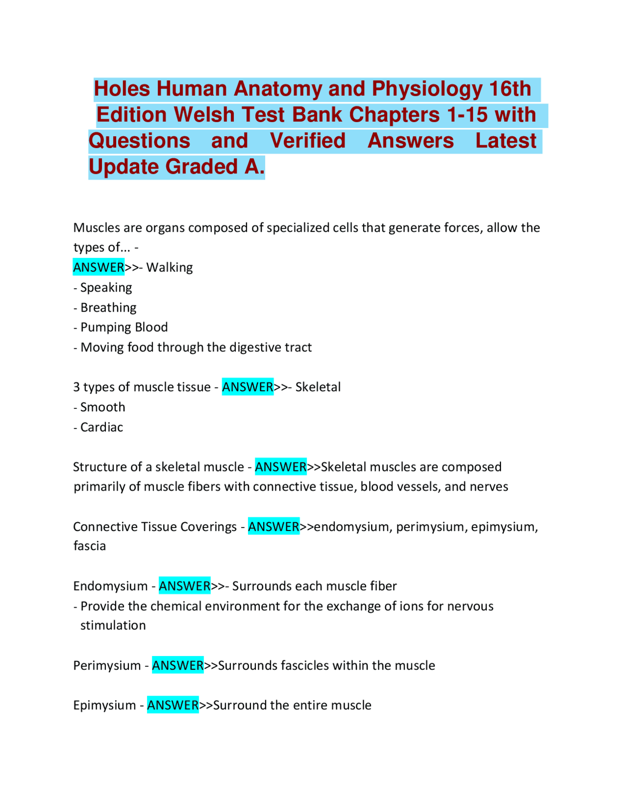 Holes Human Anatomy and Physiology 16th Edition Welsh Test Bank ...