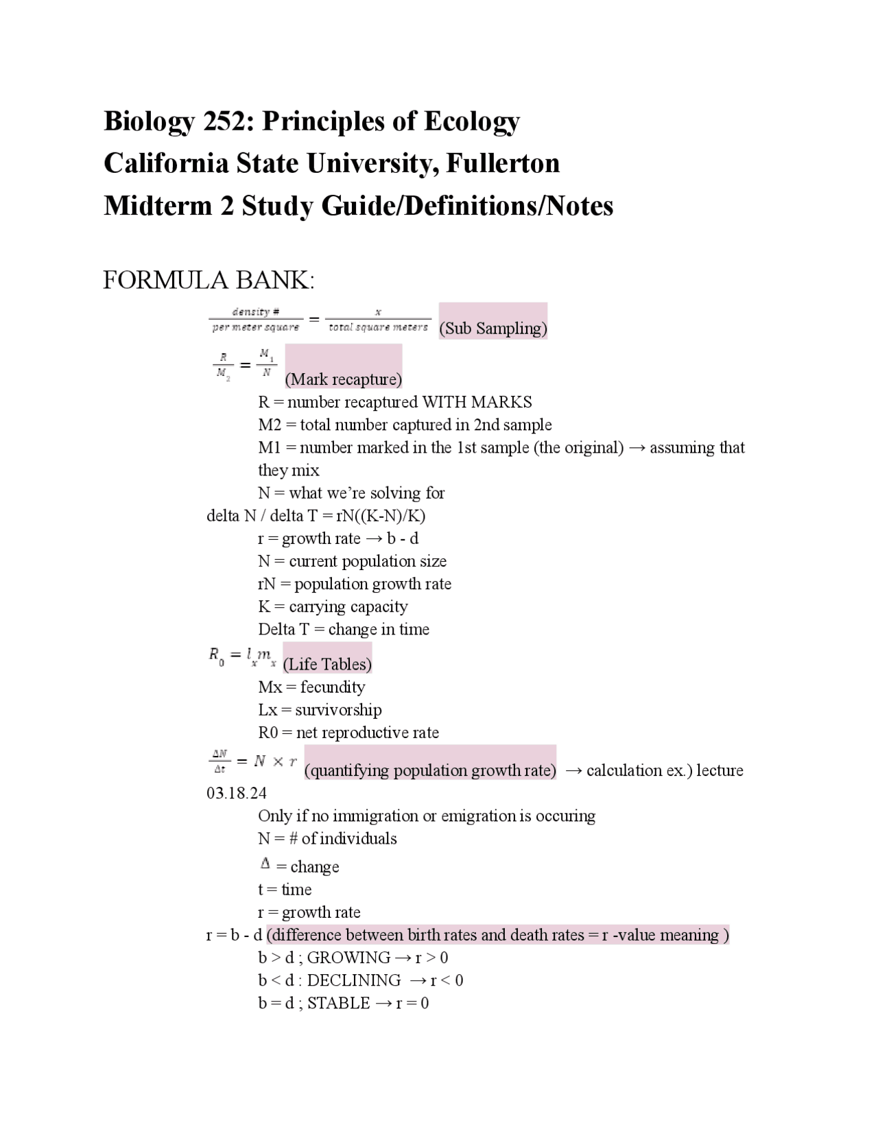 Biology 252: Principles of Ecology California State University ...