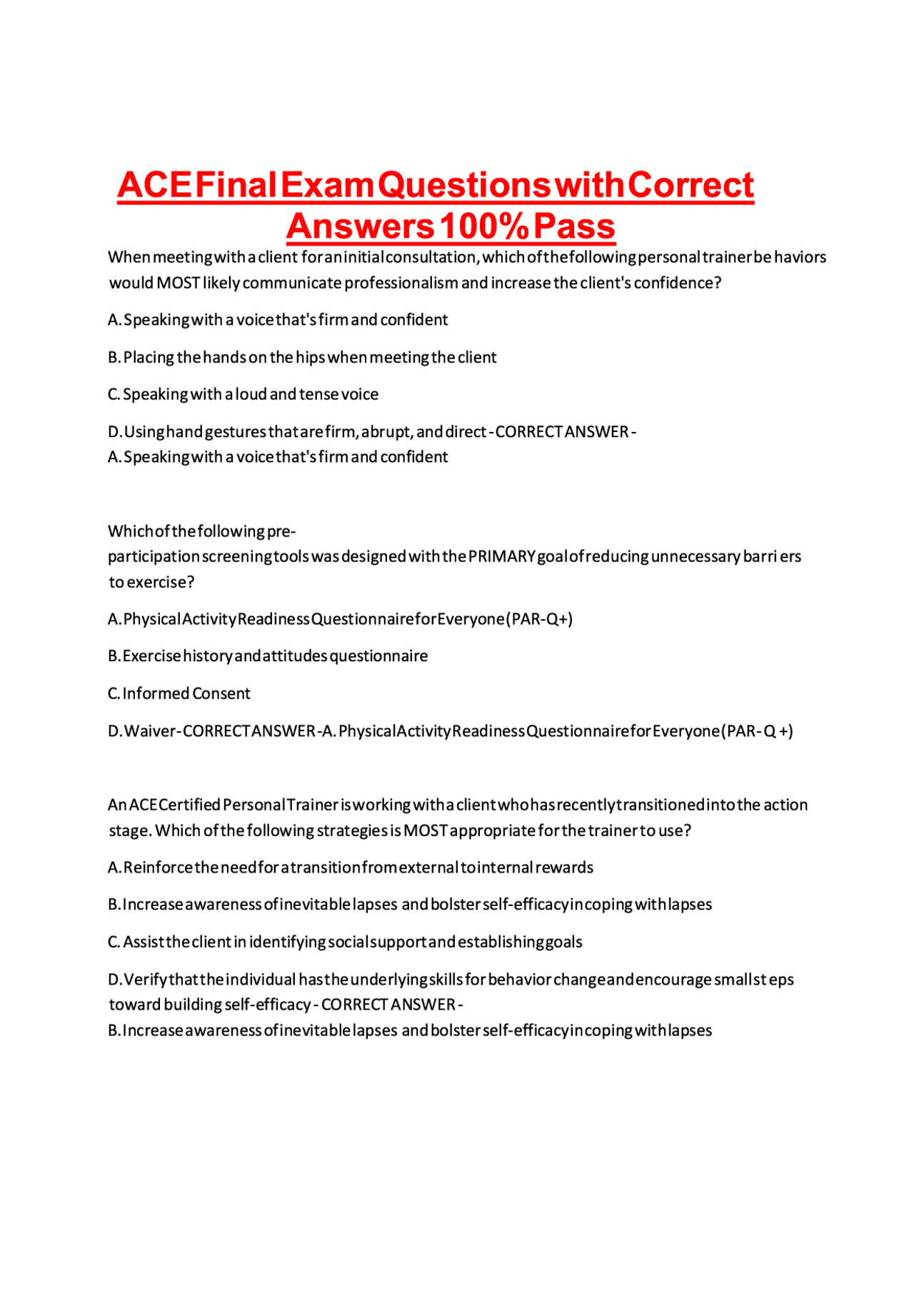 ACE Final Exam Questions with Correct Answers (2026 Edition) – 100% ...
