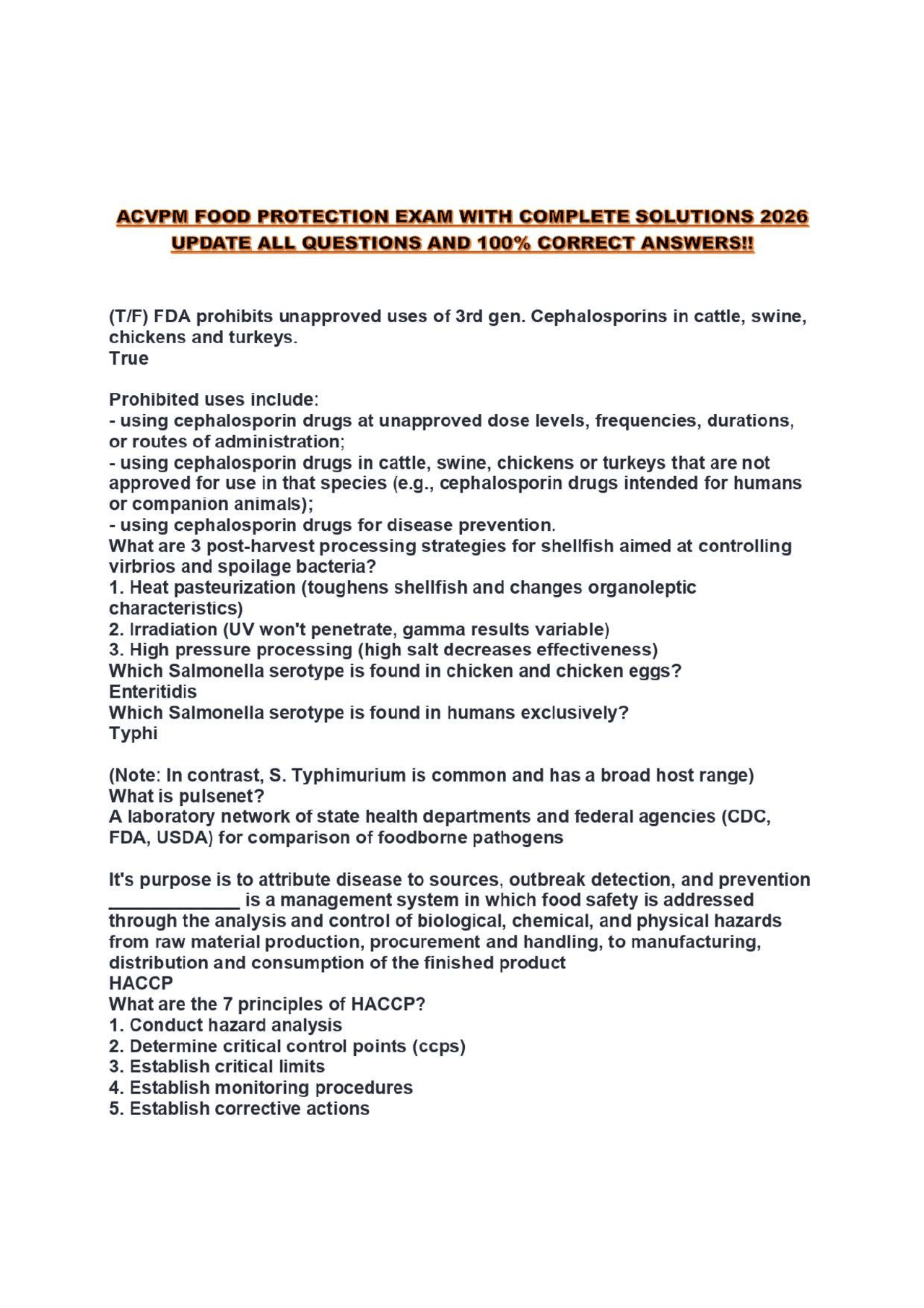 ACVPM FOOD PROTECTION EXAM WITH COMPLETE SOLUTIONS 2026 UPDATE ALL ...