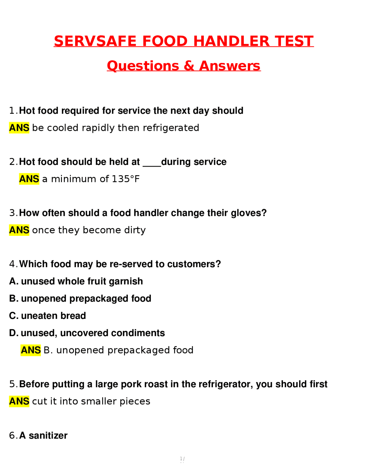 ServSafe Food Handler Test Latest 2026 Actual Questions and Verified ...