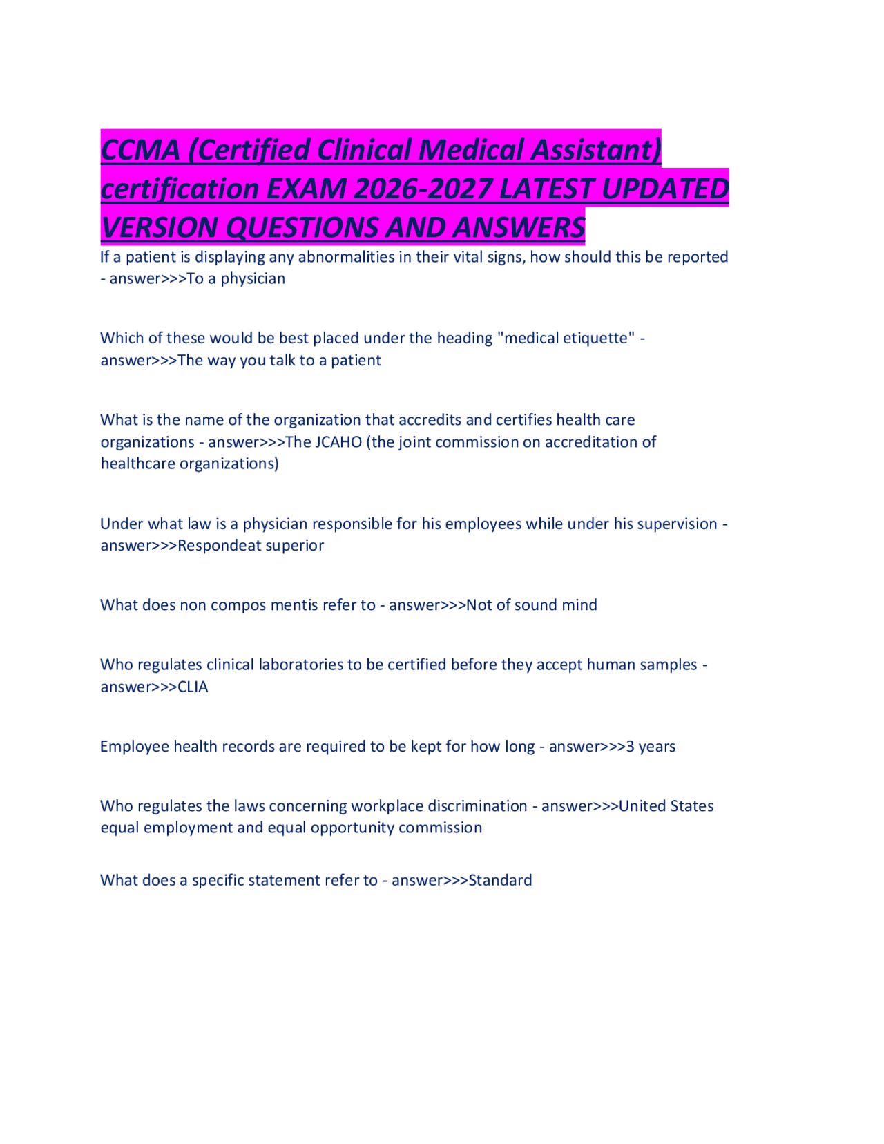 CCMA (Certified Clinical Medical Assistant) certification EXAM 2026 ...