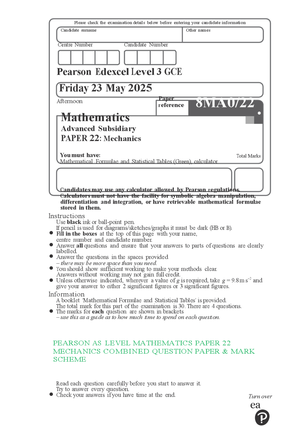 PEARSON AS LEVEL MATHEMATICS PAPER 22 MECHANICS COMBINED QUESTION PAPER ...