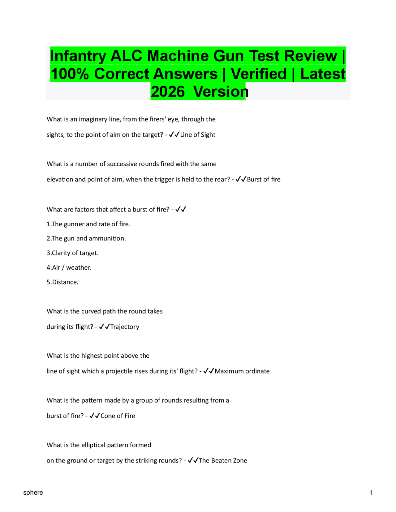 Infantry ALC Machine Gun Test Review 100% Correct Answers | Verified ...