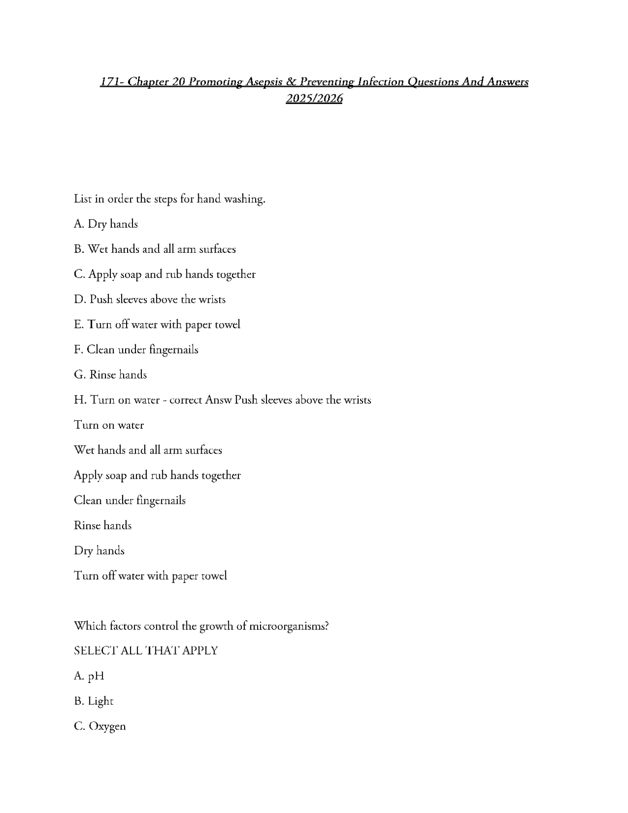 171- Chapter 20 Promoting Asepsis & Preventing Infection Questions And ...