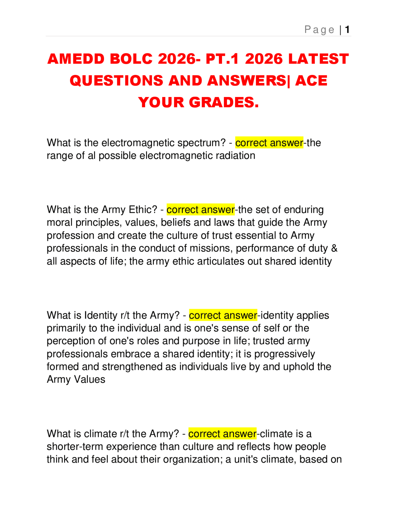 AMEDD BOLC 2026- PT.1 2026 LATEST QUESTIONS AND ANSWERS| ACE YOUR ...