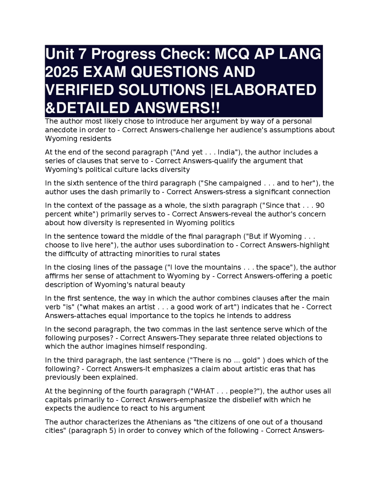 Unit 7 Progress Check: MCQ AP LANG 2025 EXAM QUESTIONS AND VERIFIED ...