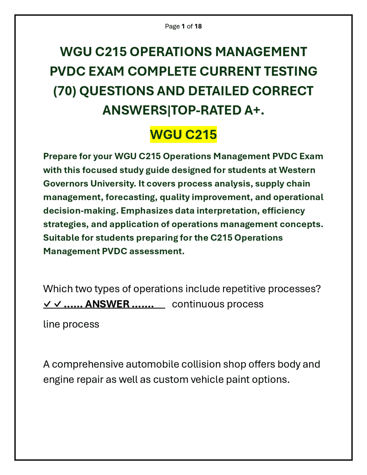 WGU C215 OPERATIONS MANAGEMENT PVDC EXAM QUESTION AND ANSWER | Exams ...