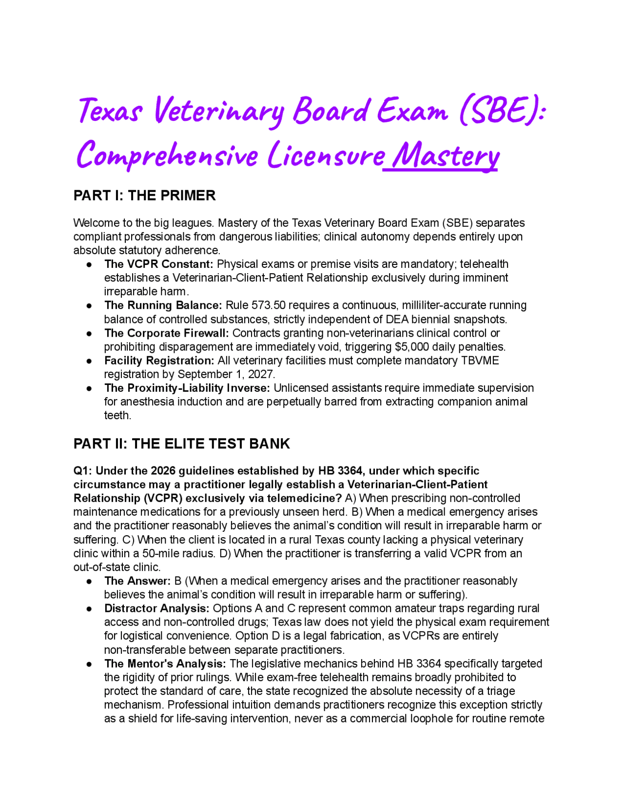 Texas Veterinary Board Exam (SBE) 2026/2027 Mastery Guide: Ultimate Q&A ...