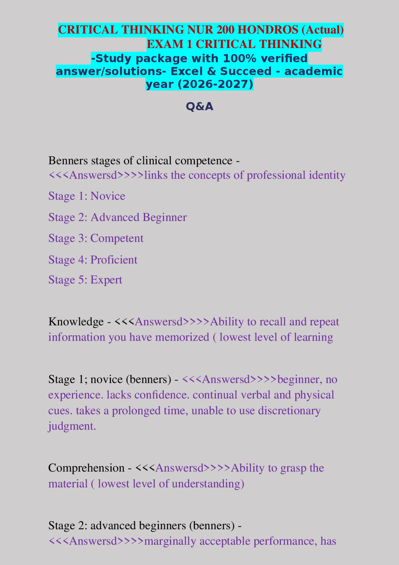 CRITICAL THINKING NUR 200 HONDROS (Actual) EXAM 1 CRITICAL THINKING ...