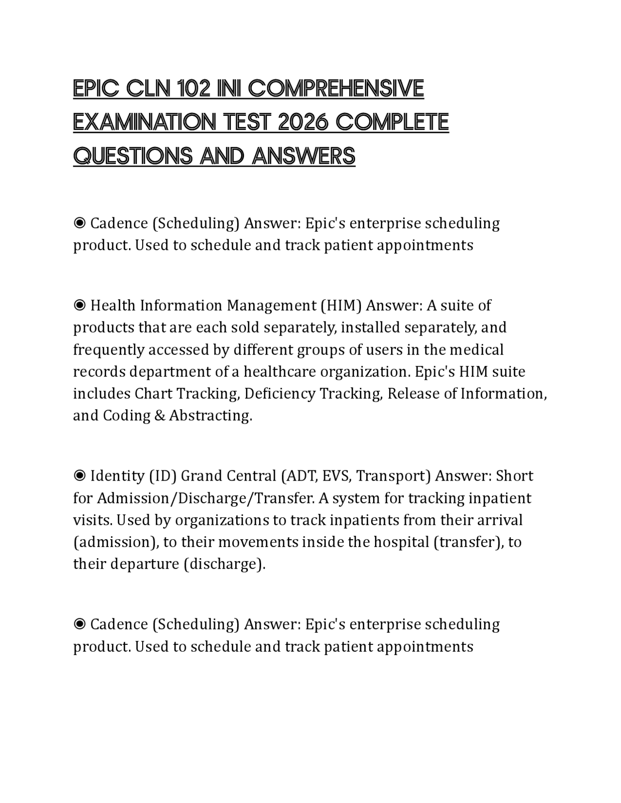 EPIC CLN 102 INI COMPREHENSIVE EXAMINATION TEST 2026 COMPLETE QUESTIONS ...