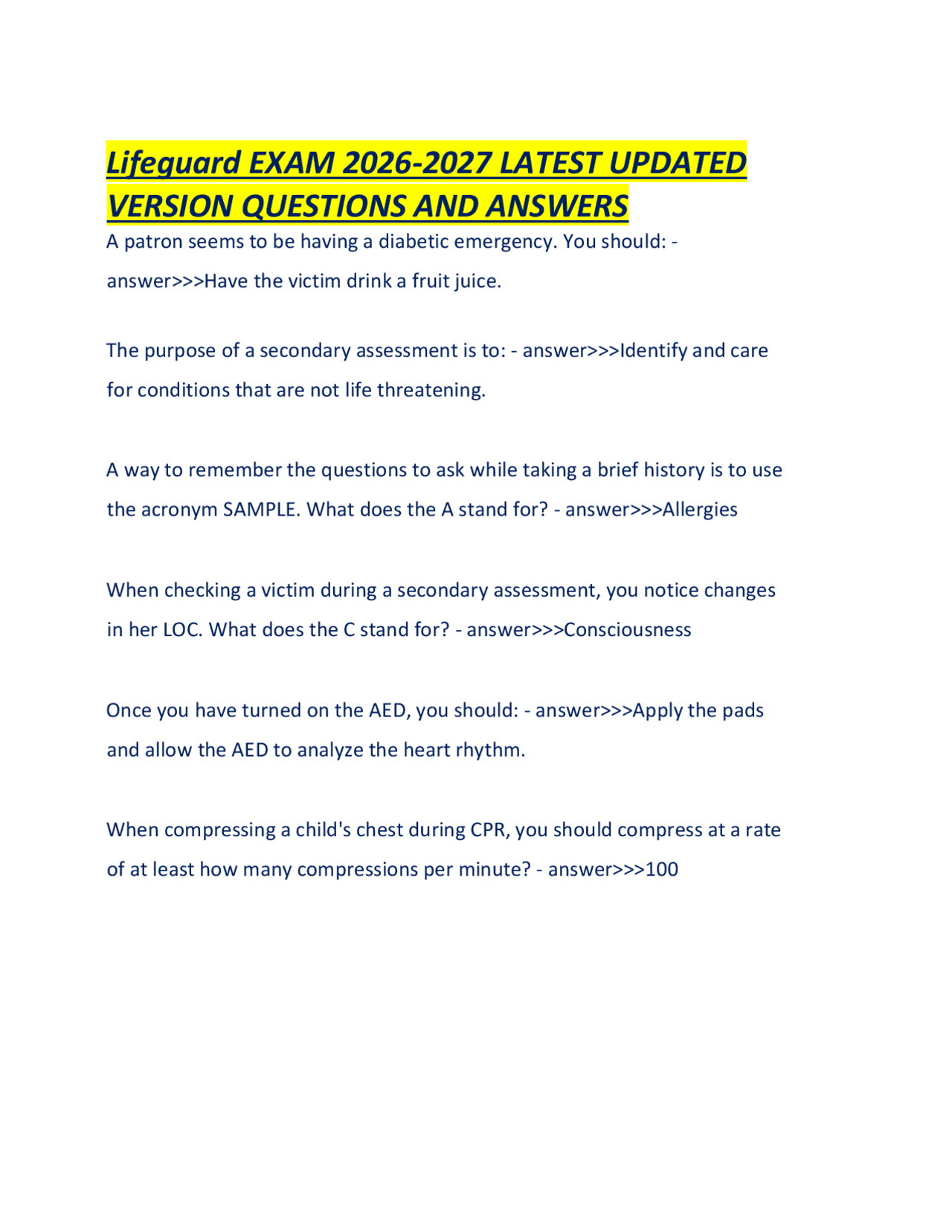 Lifeguard EXAM 2026-2027 LATEST UPDATED VERSION QUESTIONS AND ANSWERS ...