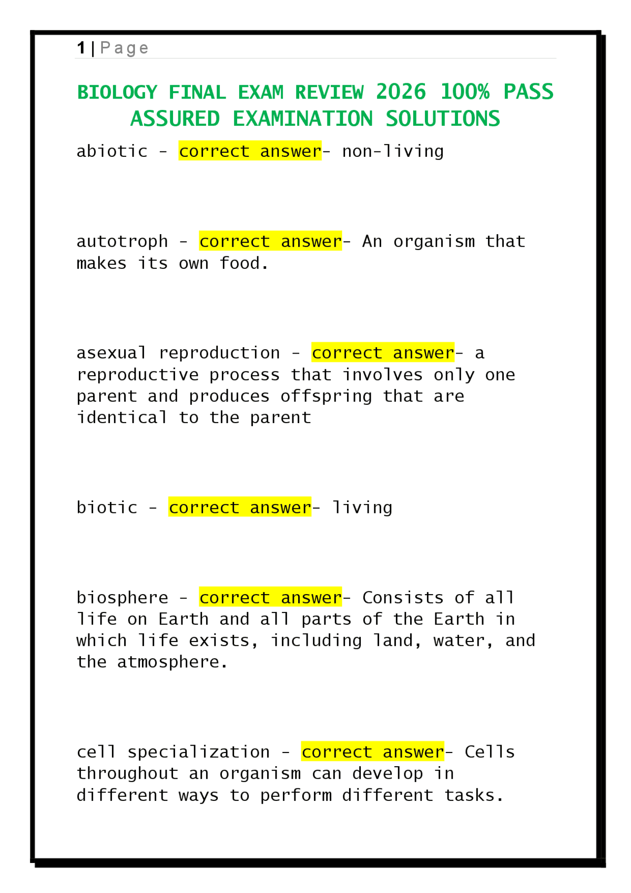 BIOLOGY FINAL EXAM REVIEW 2026 100% PASS ASSURED EXAMINATION SOLUTIONS ...