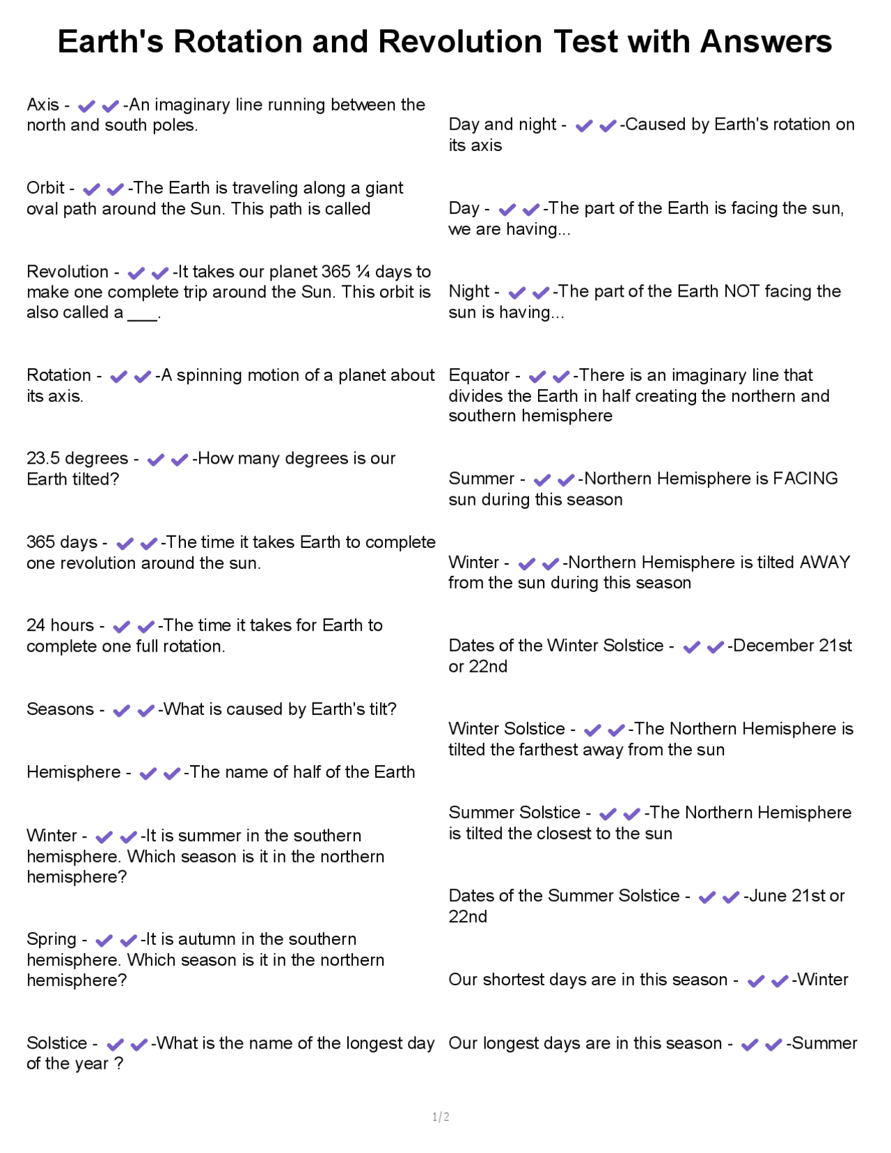 Earth's Rotation and Revolution Test with Answers | Exams Geography ...