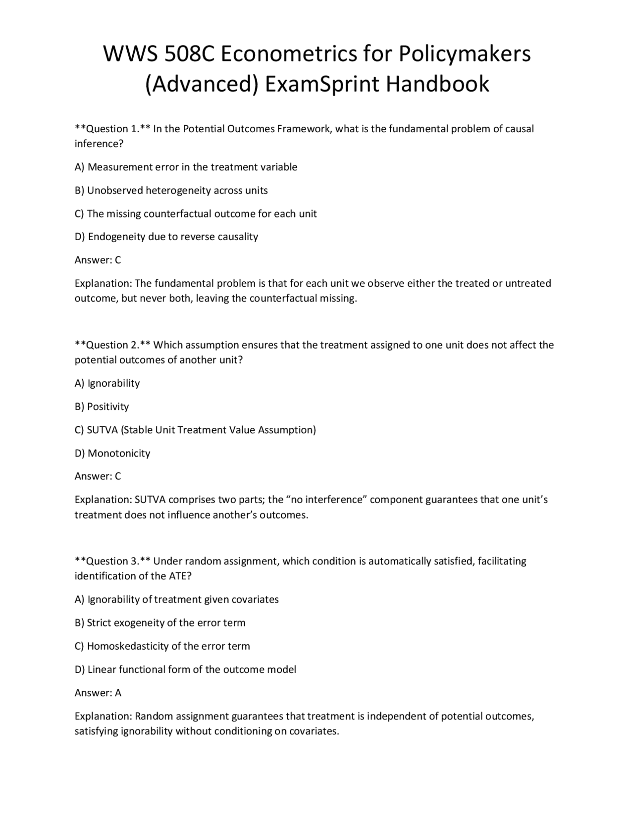 WWS 508C Econometrics for Policymakers (Advanced) ExamSprint Handbook ...
