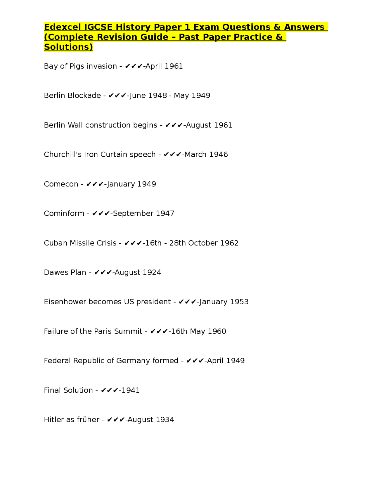 Edexcel IGCSE History Paper 1 Exam | Exams History | Docsity