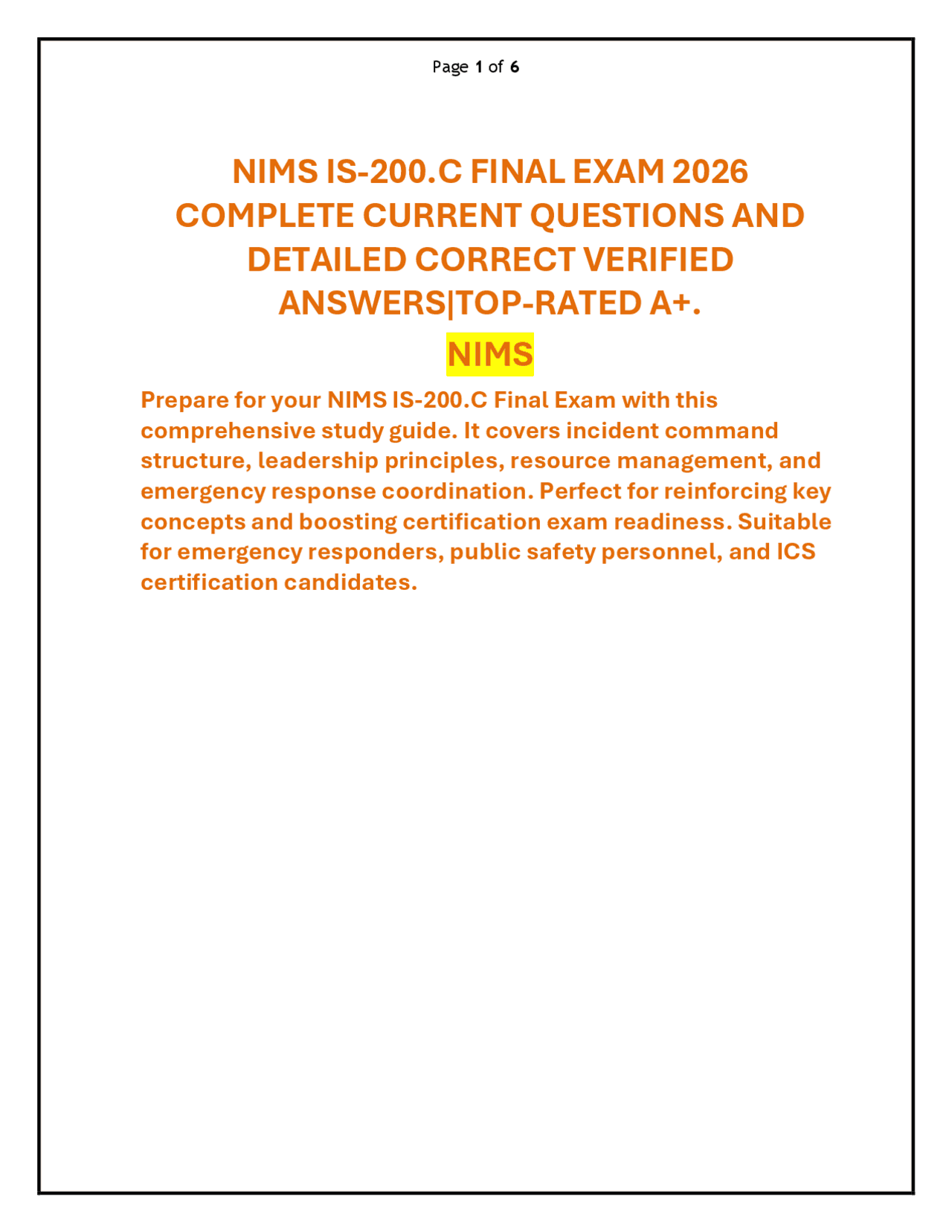 NIMS IS-200.C FINAL EXAM 2026 QUESTION AND ANSWER | Exams Medicine ...