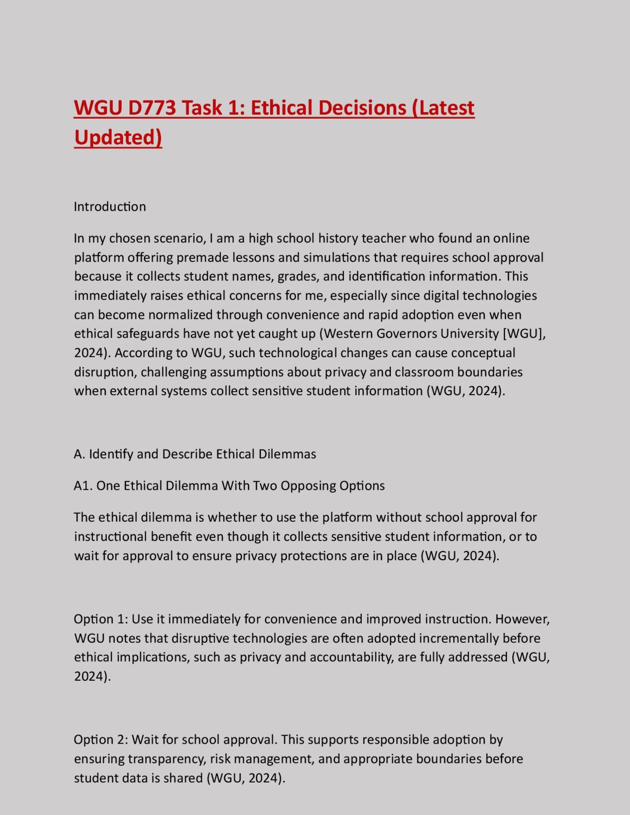 WGU D773 Task 1: Ethical Decisions (Latest Updated) | Study notes ...