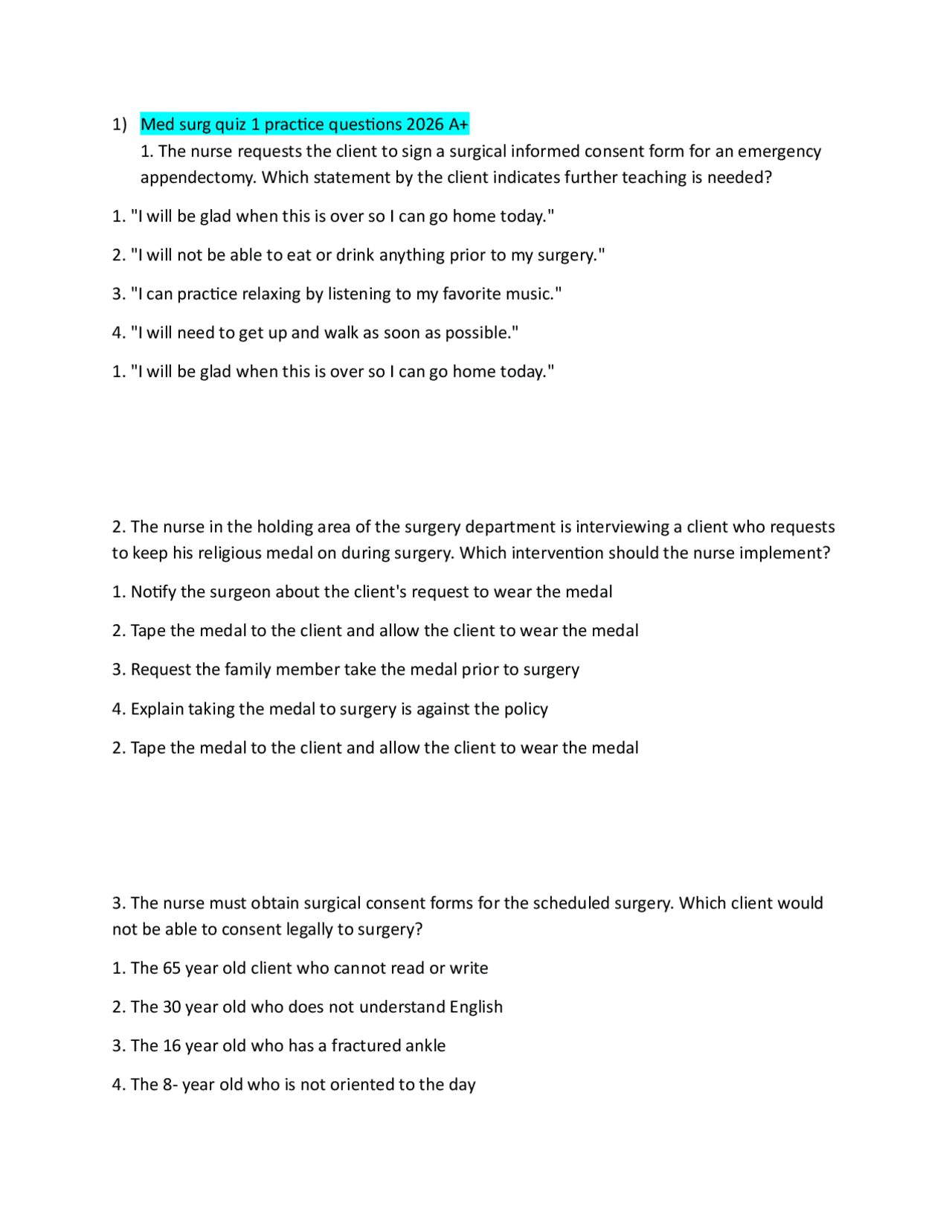 Med surg quiz 1 practice questions Flashcards | Exams Nursing | Docsity