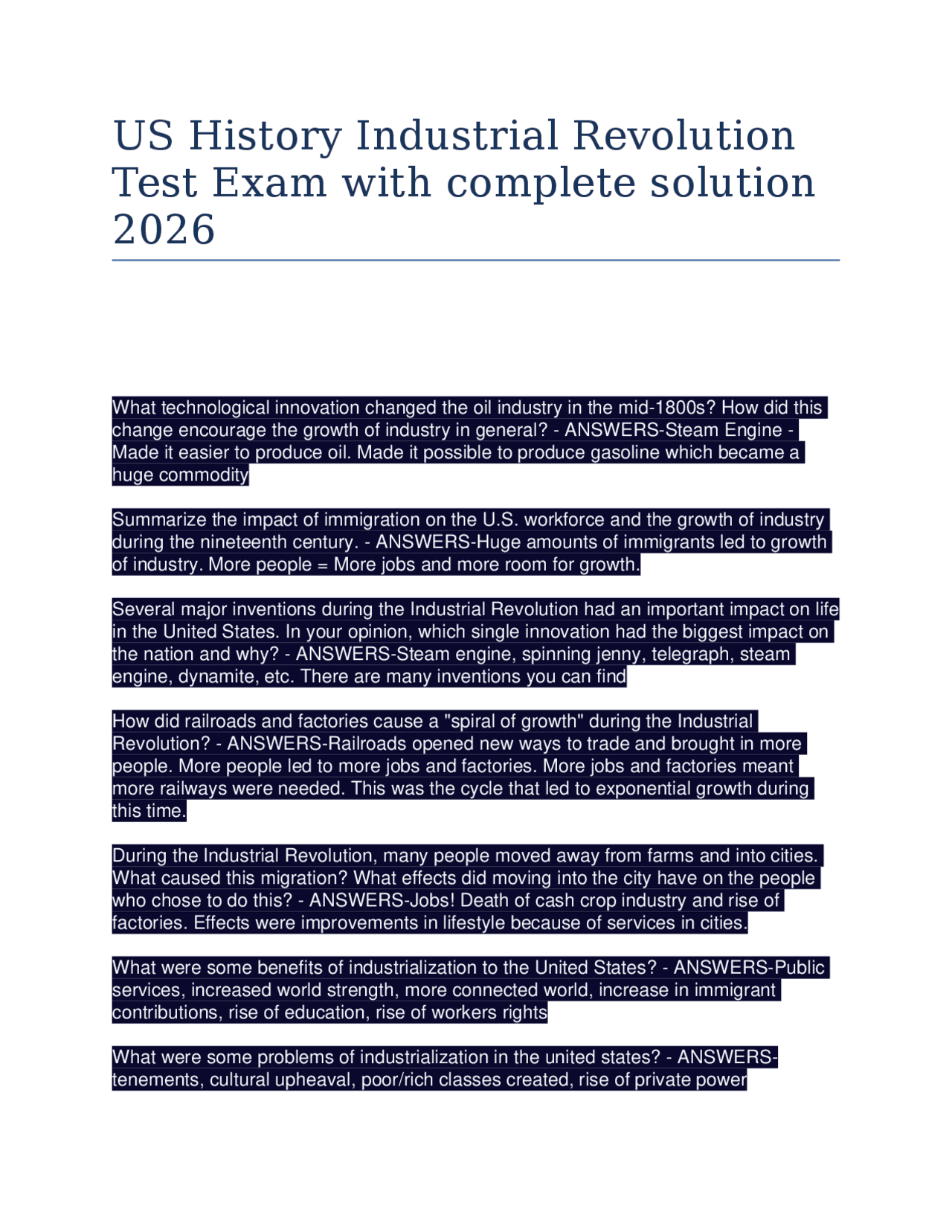 US History Industrial Revolution Test Exam with complete solution 2026 ...