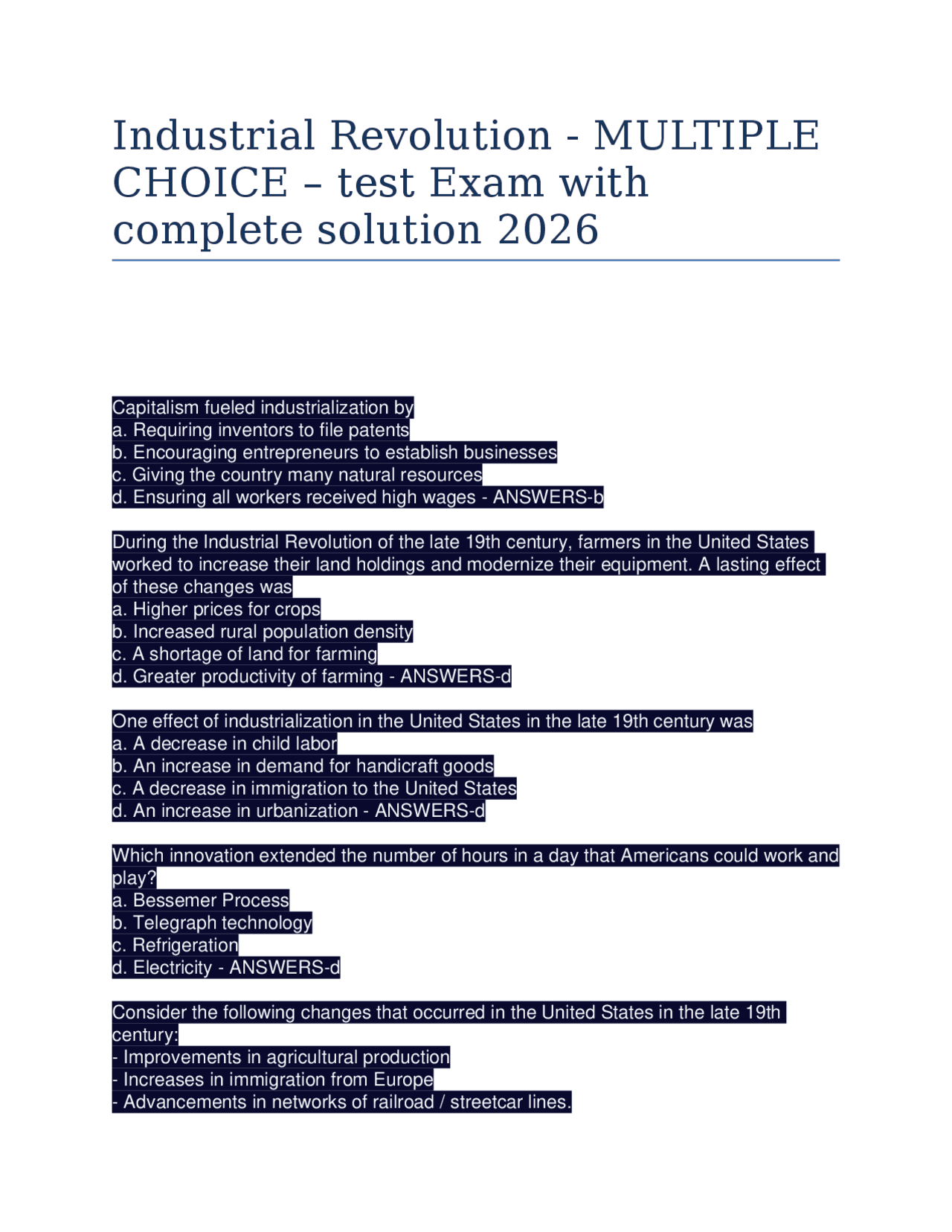 Industrial Revolution - MULTIPLE CHOICE – test Exam with complete ...