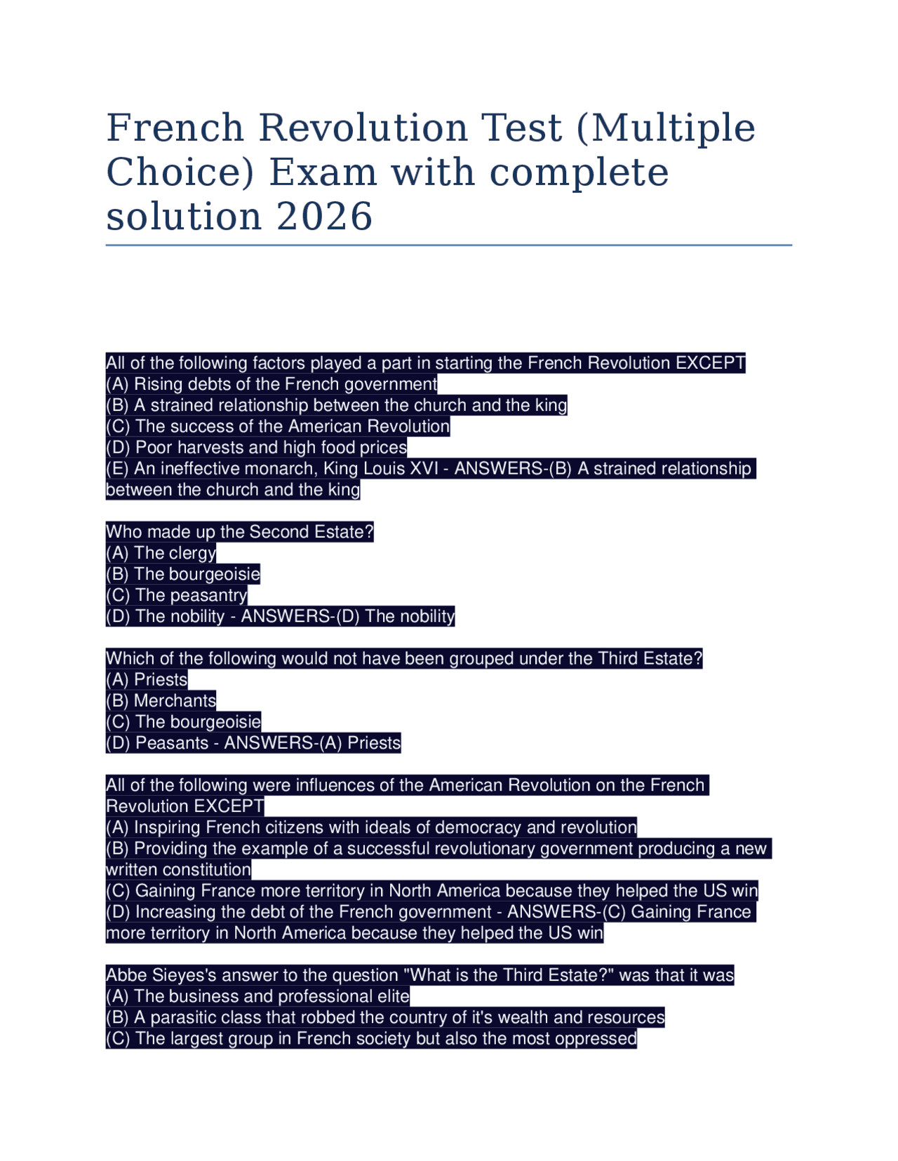 French Revolution Test (Multiple Choice) Exam with complete solution ...