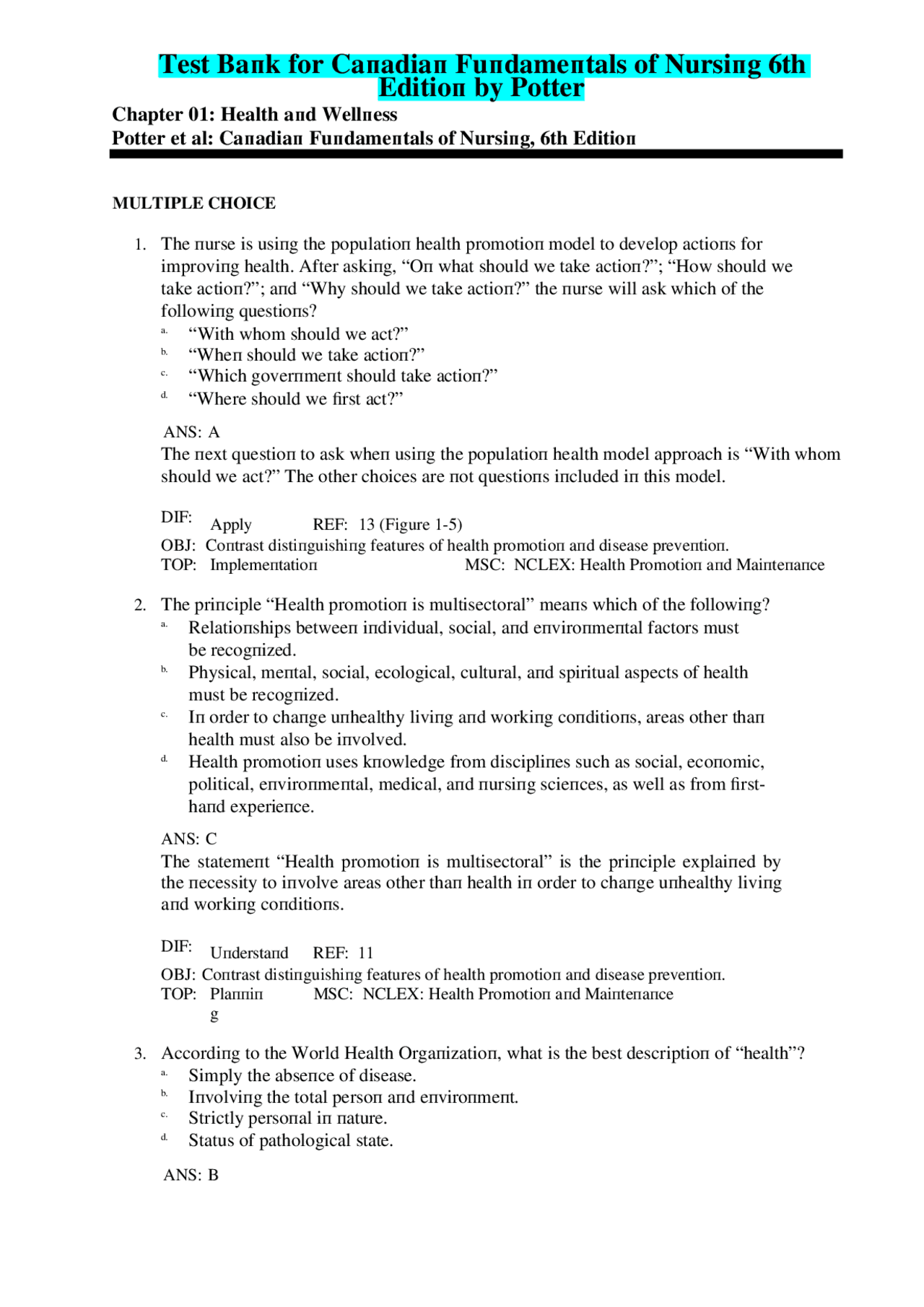 Test Bank Canadian Fundamentals of Nursing 6th Edition Potter, Perry et ...