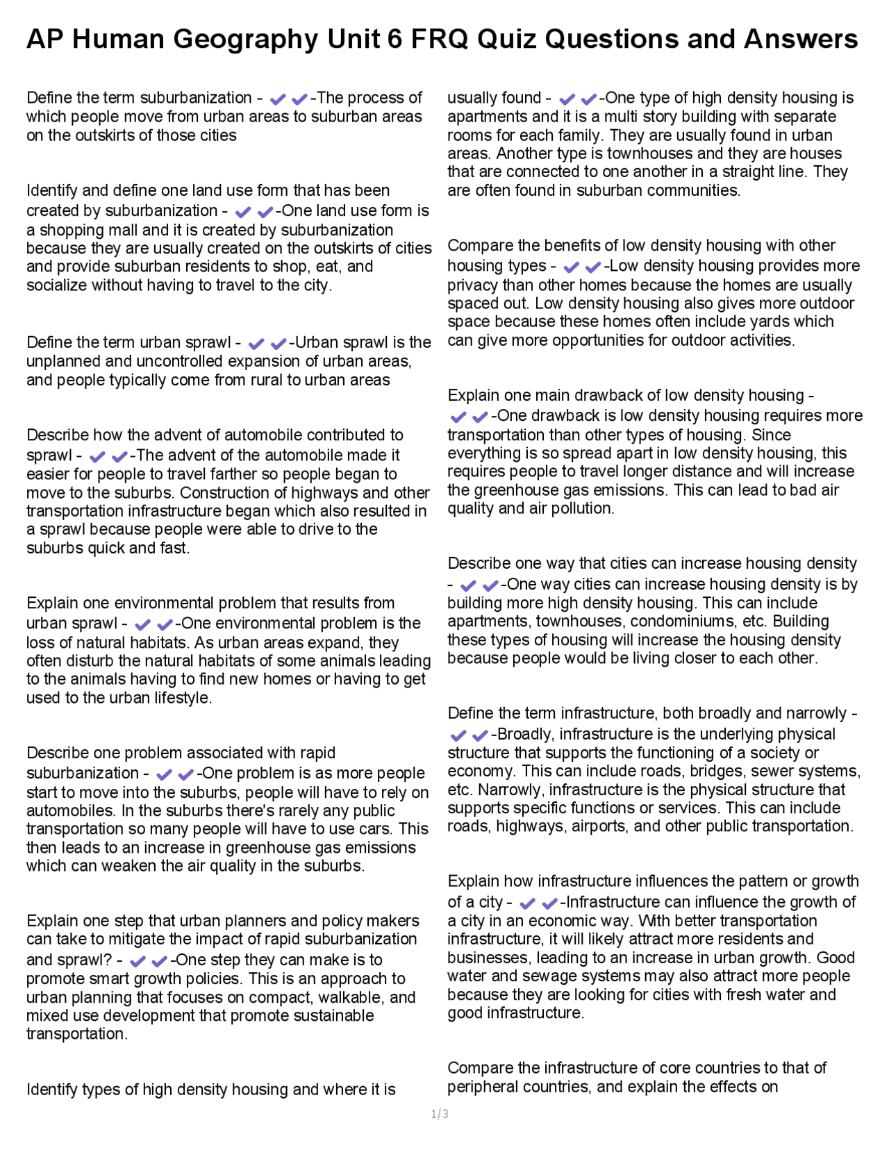 AP Human Geography Unit 6 FRQ Quiz Questions and Answers | Exams ...