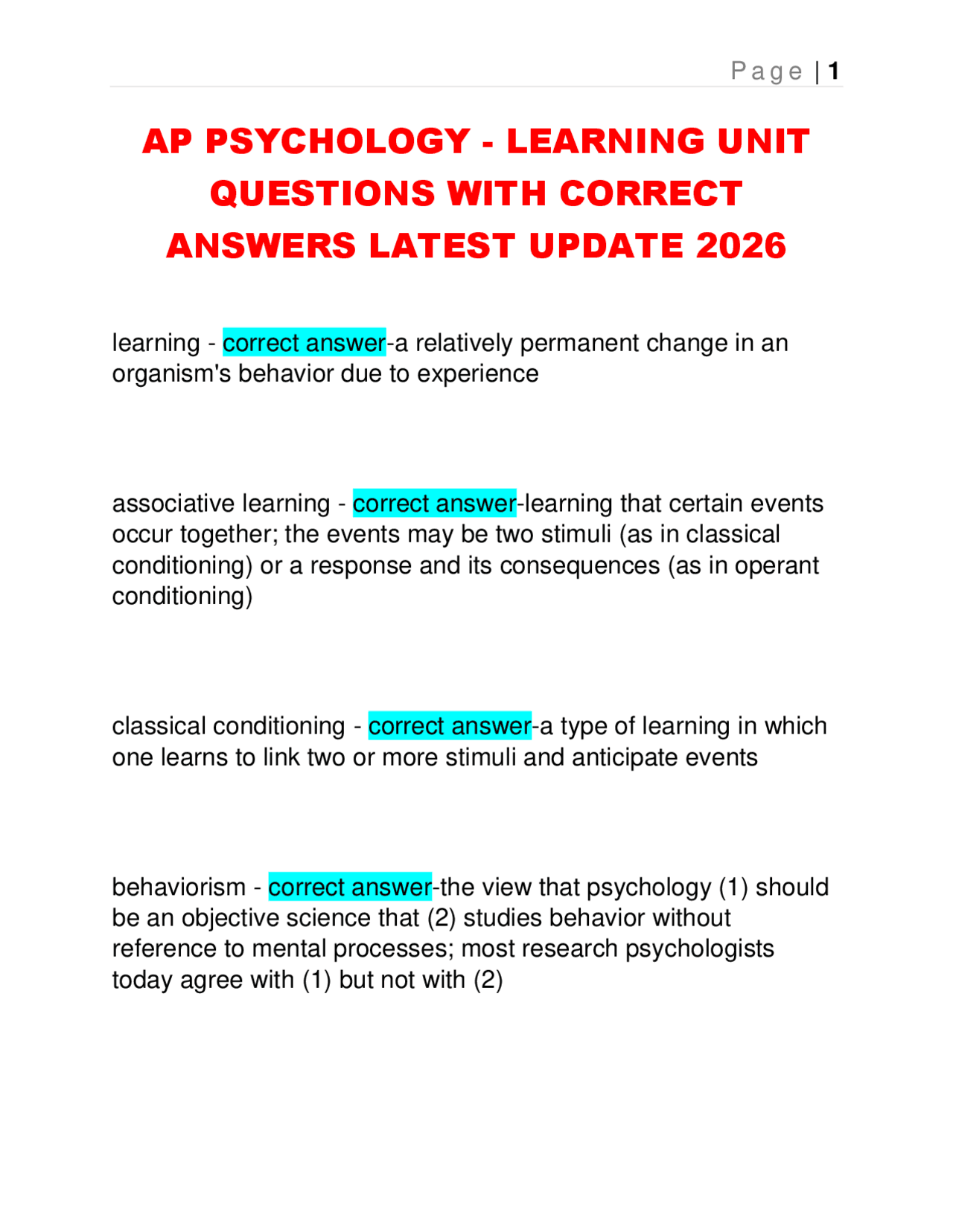AP PSYCHOLOGY - LEARNING UNIT QUESTIONS WITH CORRECT ANSWERS LATEST ...
