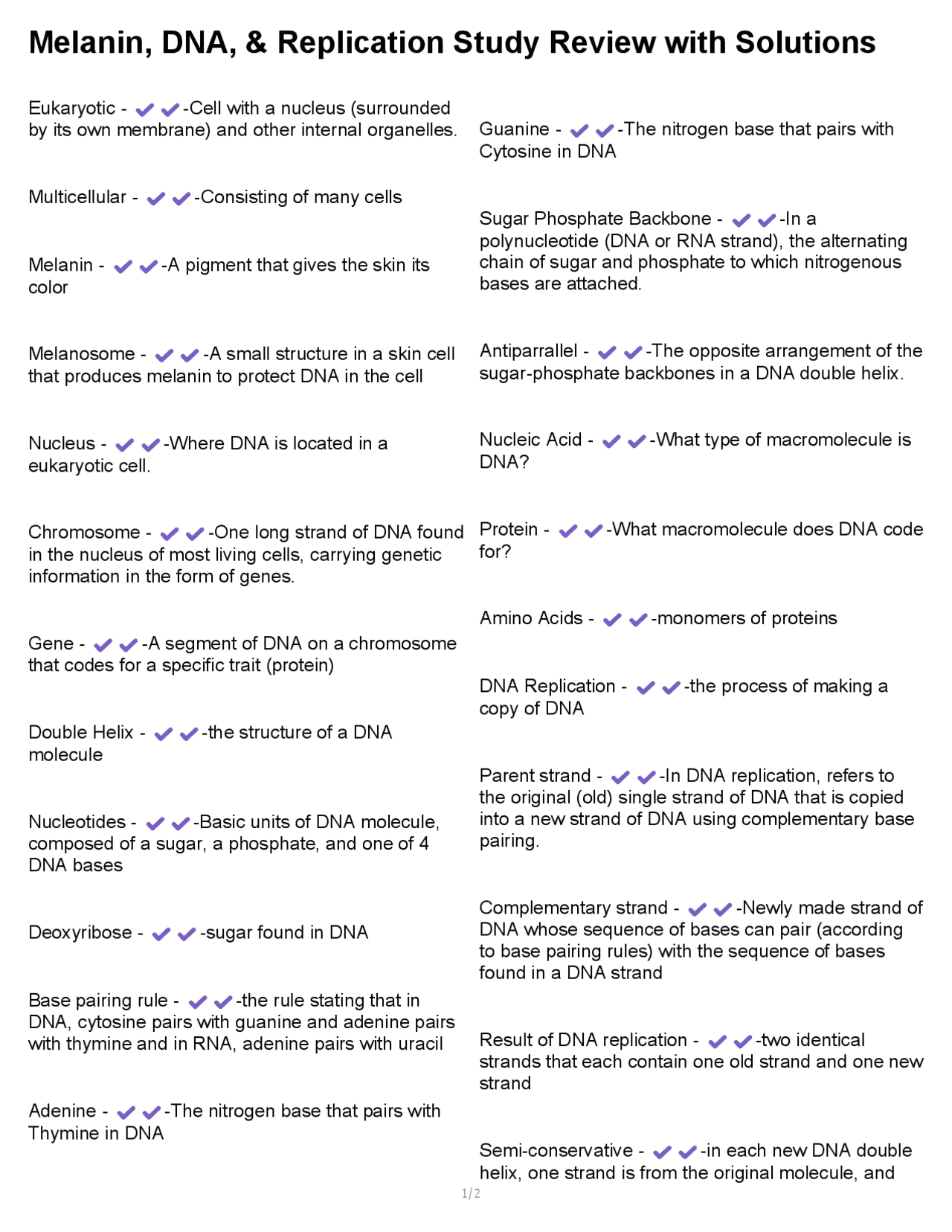 Melanin, DNA, & Replication Study Review with Solutions | Exams Biology ...