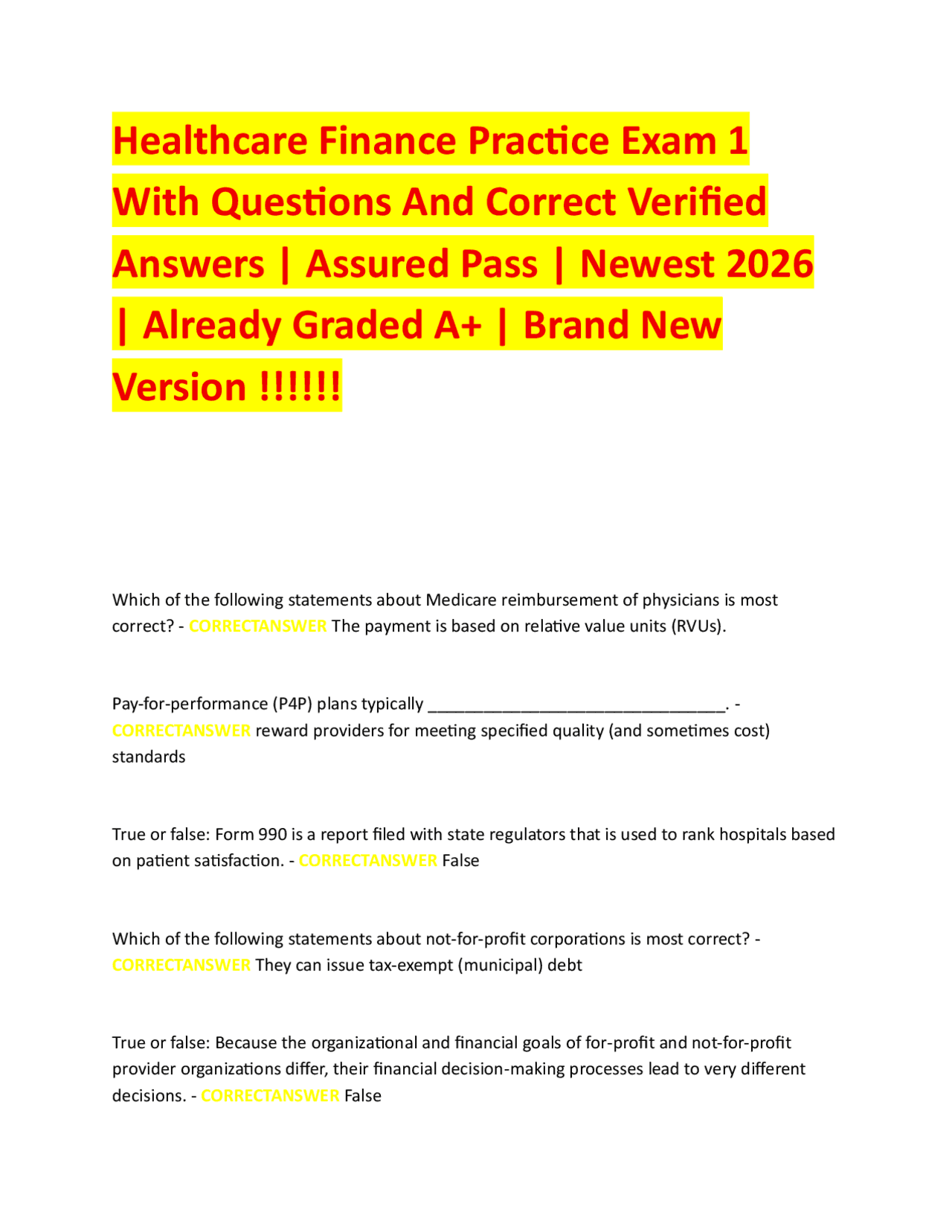 Healthcare Finance Practice Exam 1 With Questions And Correct Verified ...