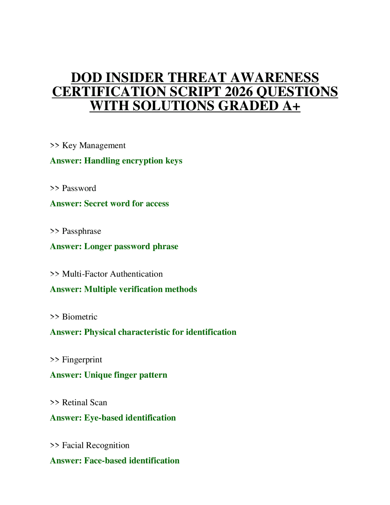 DOD INSIDER THREAT AWARENESS CERTIFICATION SCRIPT 2026 QUESTIONS WITH ...