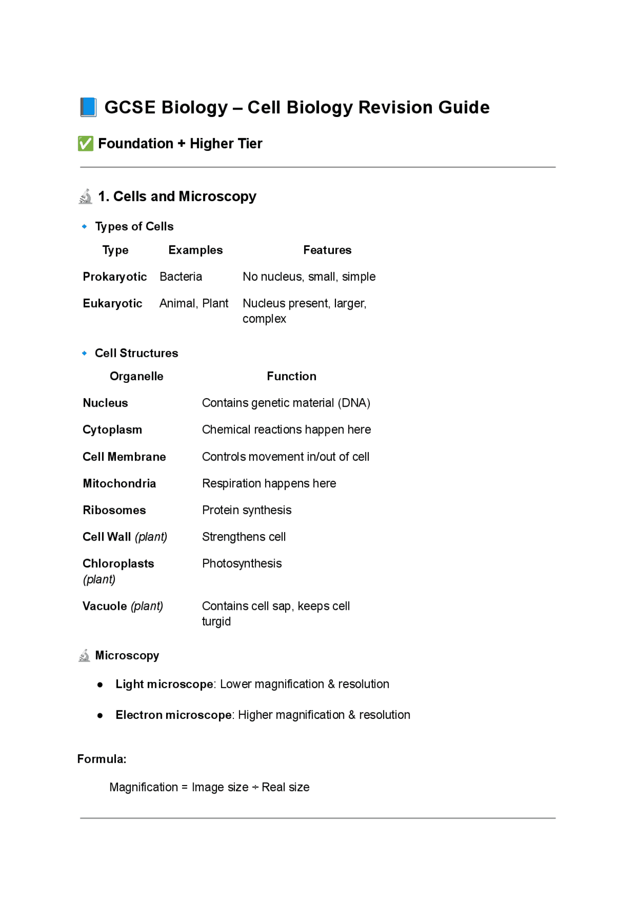 AQA GCSE Biology B1 Cell Biology Revision Guide and Notes | Study notes ...