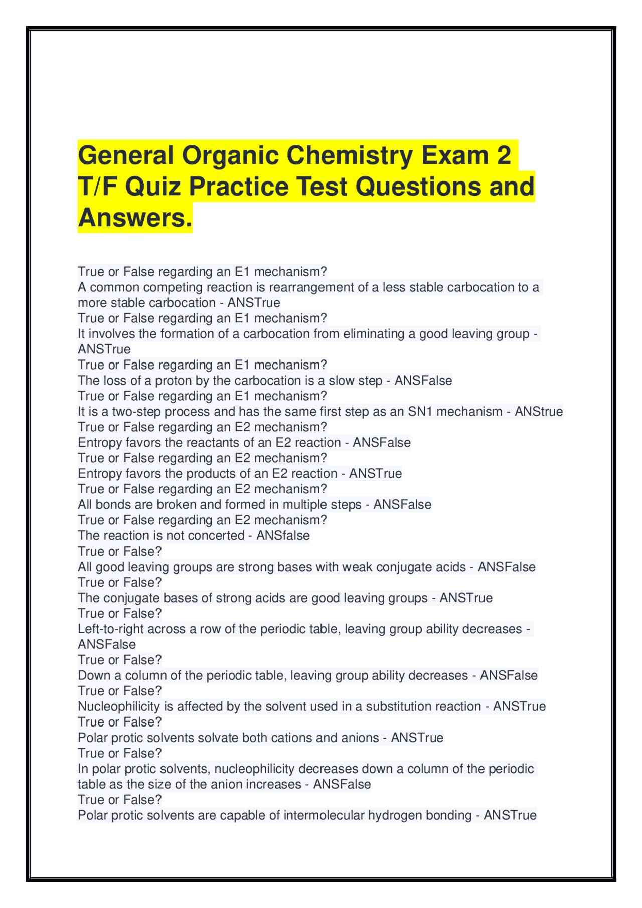 Organic Chemistry Test Examples