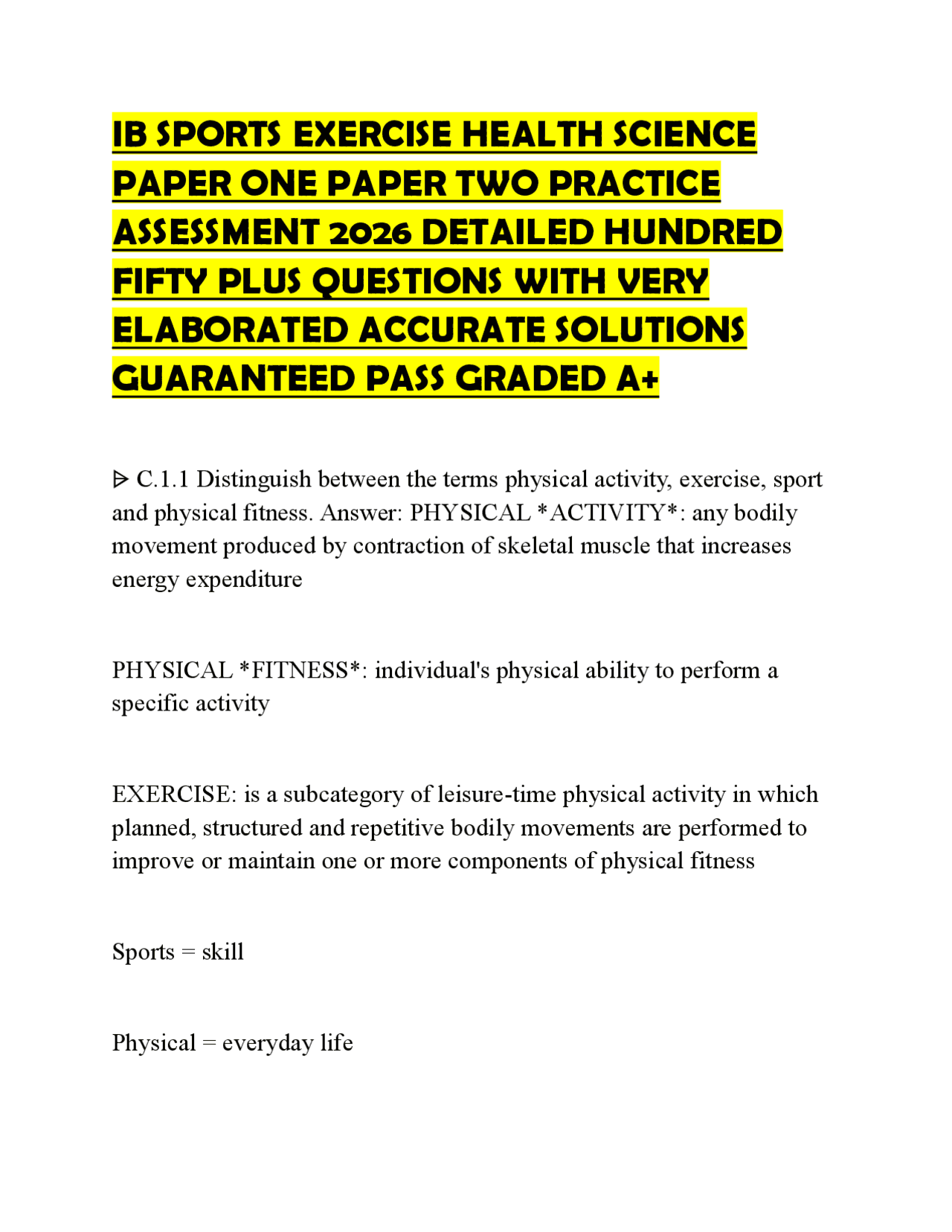 IB SPORTS EXERCISE HEALTH SCIENCE PAPER ONE PAPER TWO PRACTICE ...