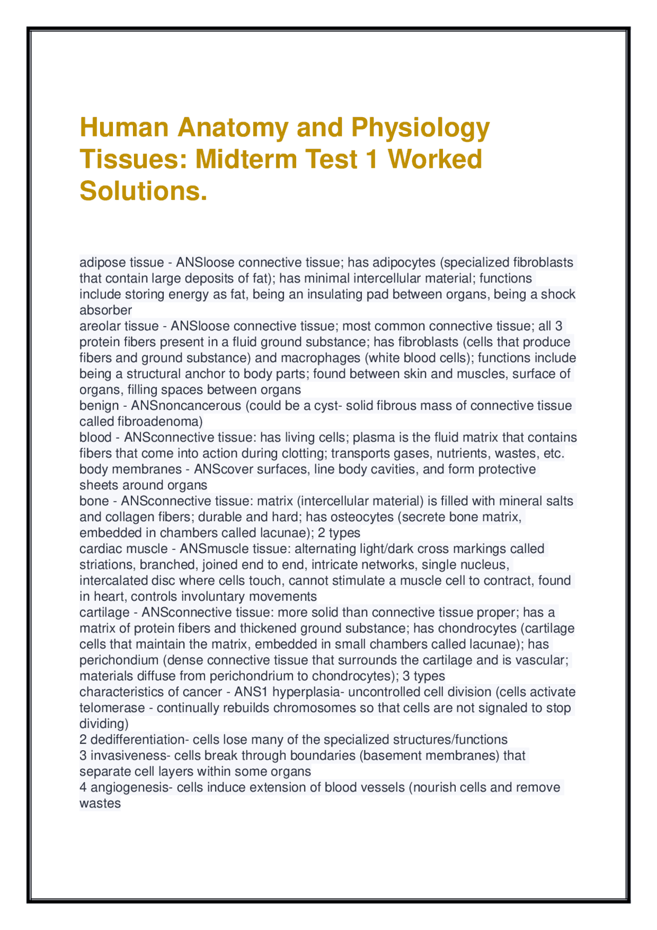 Human Anatomy and Physiology Tissues: Midterm Test 1 Worked Solutions ...