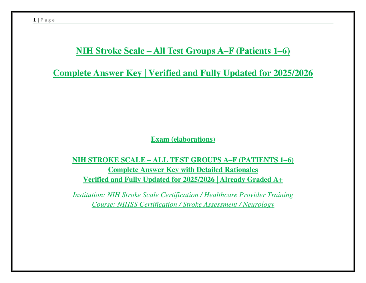 NIH Stroke Scale (NIHSS) Complete Answer Key 2025/2026 | Test Groups A ...