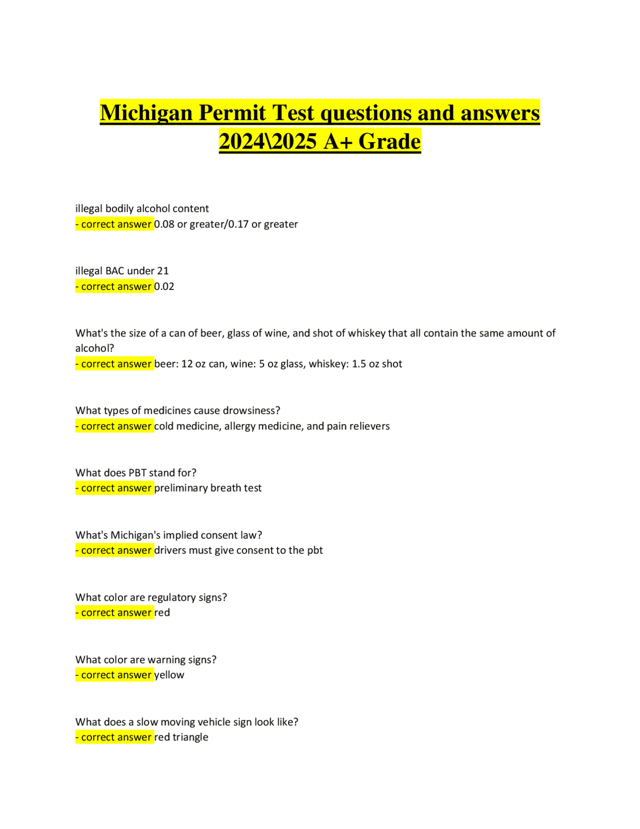 Michigan Permit Test Questions and Answers 2026-2027, Exams of Advanced ...